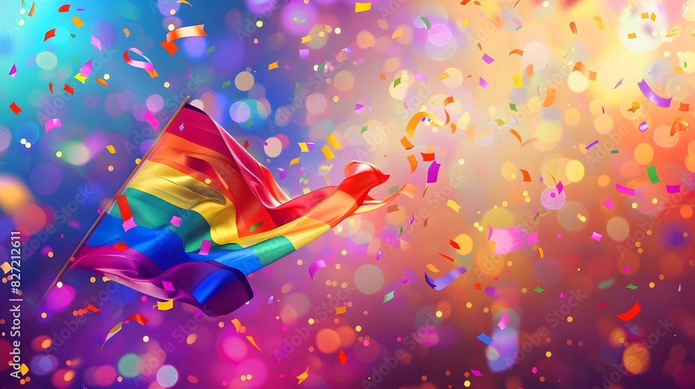 Festive Pride Month backdrop with a rainbow flag and dynamic bursts of ...