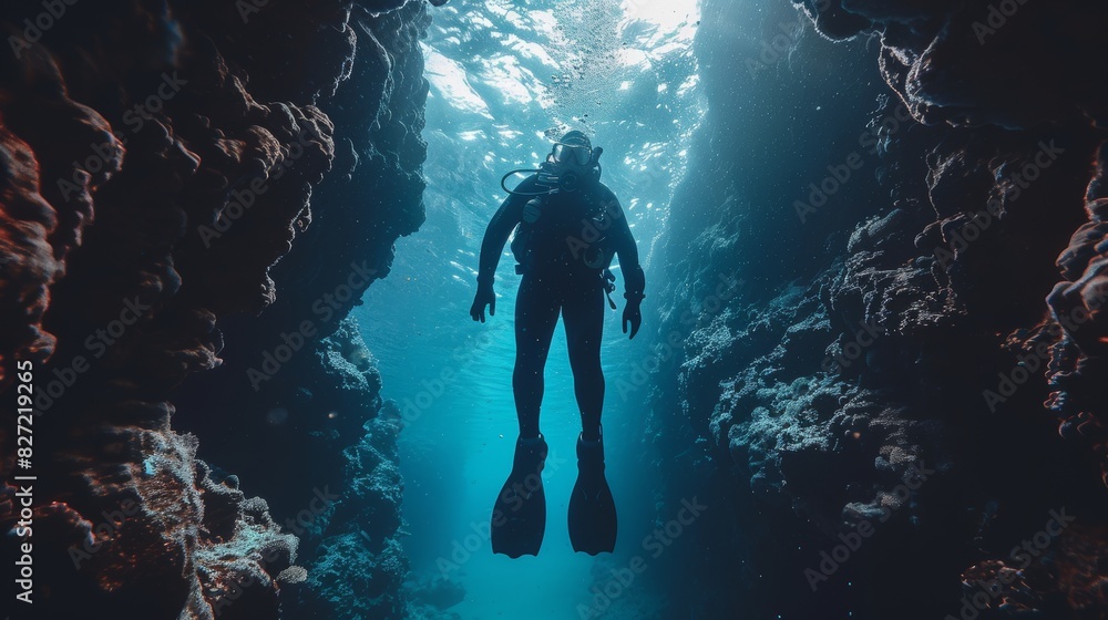 Deep sea diver swimming in mysterious underwater cave exploring the ...