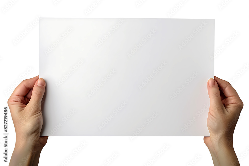 Hands holding a blank sheet of paper with a white background. Close-up ...