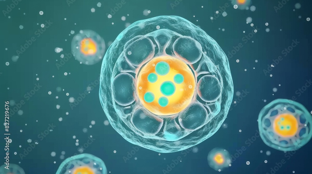 cells, focusing on a large central cell with a nucleus, surrounded by ...