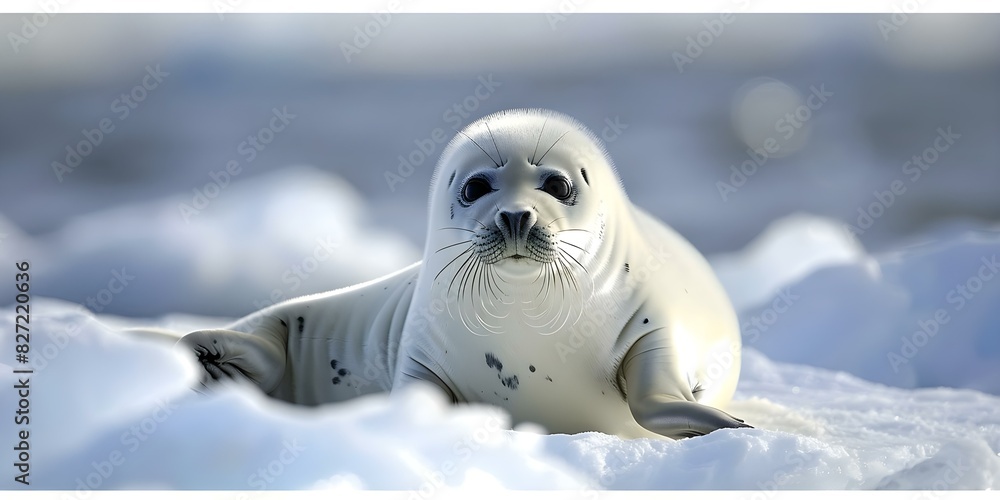 High-resolution photo of harp seal pup on melting ice background ...