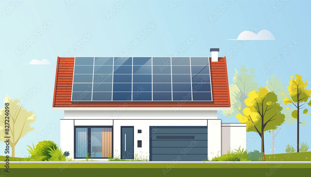 Illustration of a house with solar panels surrounded by trees and ...