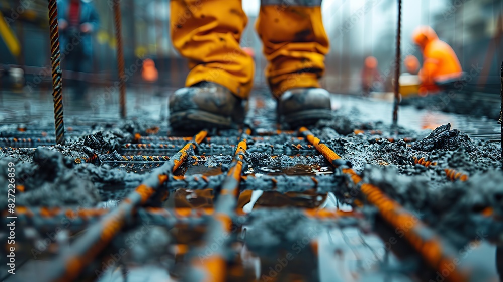 installing steel reinforcement bars for concrete foundation at high ...