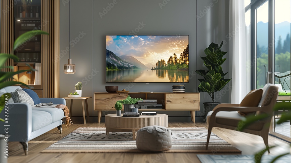 Modern Scandinavian TV area, clean aesthetic, light wood finishes ...