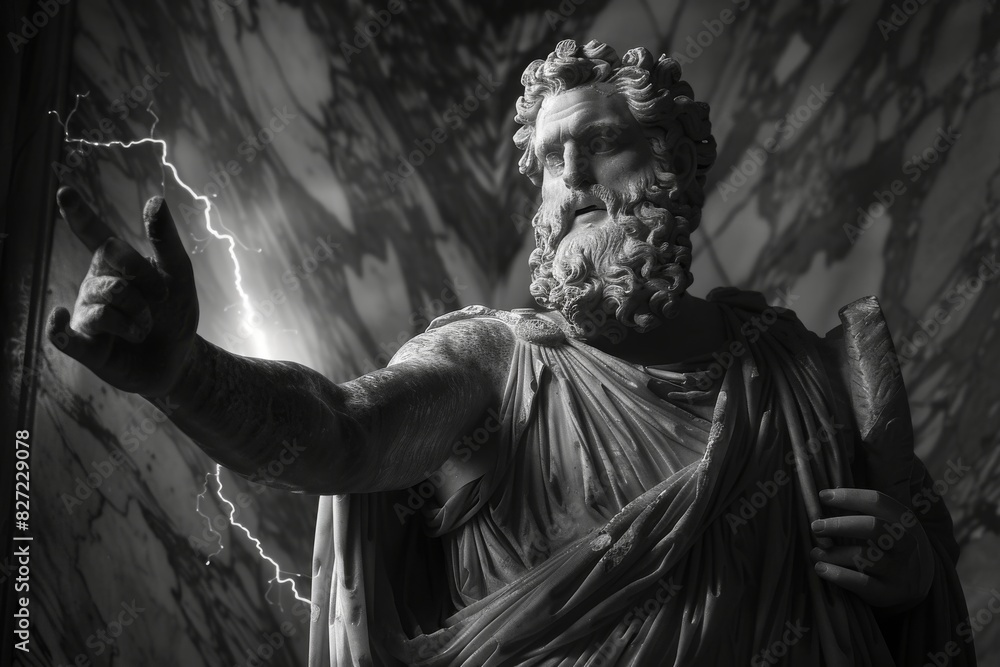 A monochromatic image showcasing a stoic statue of a man in a dignified ...