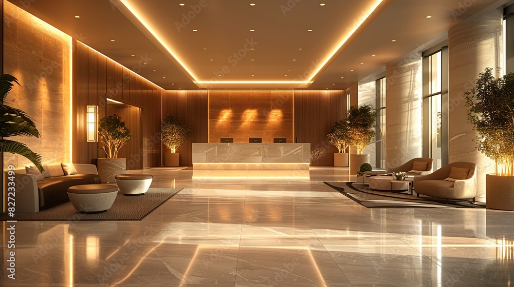 An empty, contemporary hotel lobby with stylish seating, a sleek ...