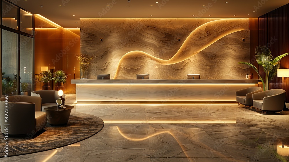 Foto de An empty, contemporary hotel lobby with stylish seating, a ...