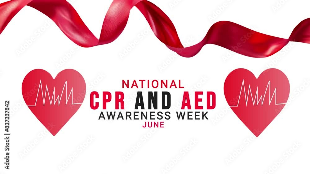 national cpr and aed awareness week. Red color ribbon wave motion. love ...
