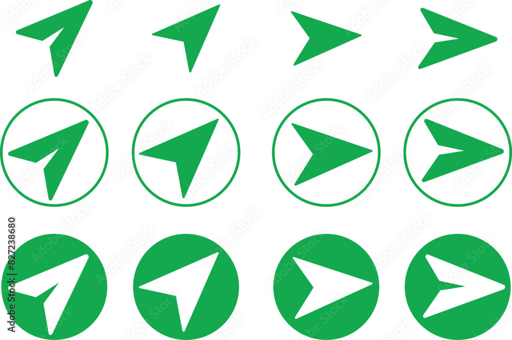 Green Direct message or DM icons Set. Fill Messages send icons. Plane ...