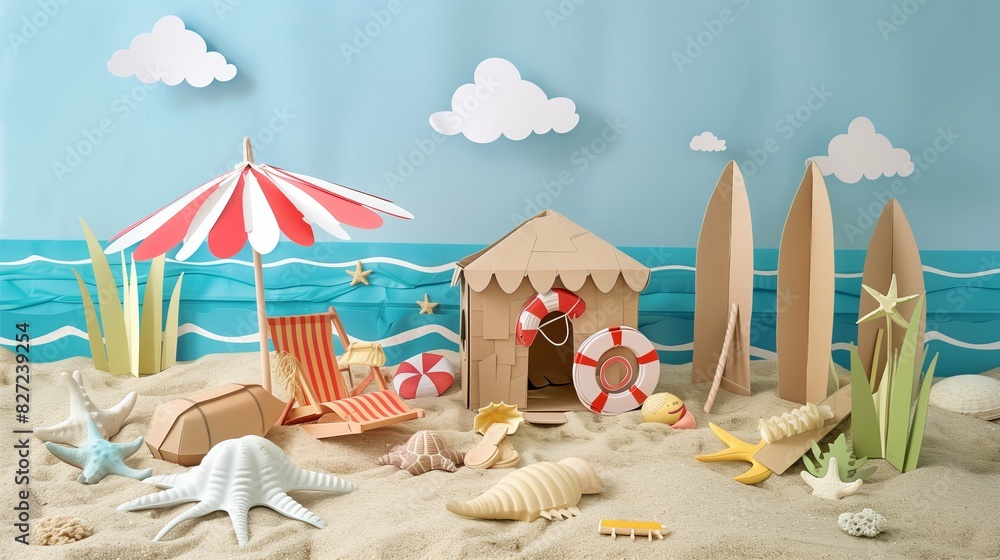 Origami made of cardboard with the image of a sea beach. A house with a ...