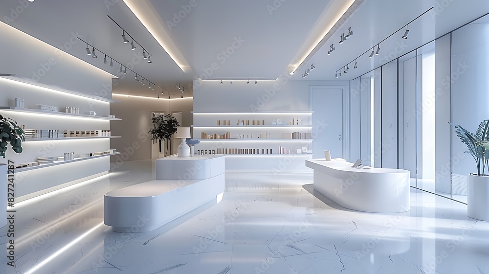 Retail store designed with a minimalist aesthetic and clean lines ...