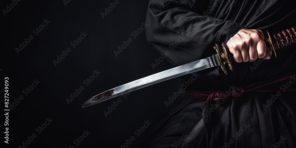 The samurai holding a Japanese katana sword, banner. Photo of a warrior ...