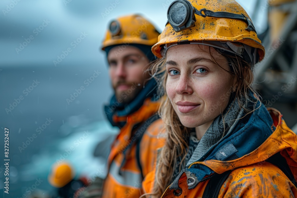 On duty in the middle of the ocean, oil rig technicians, wearing safety ...