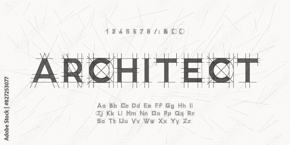 Architectural project font, technical draw style alphabet. Geometrical ...