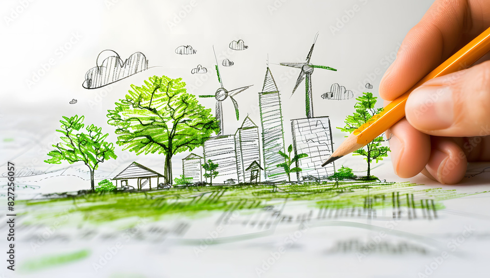 A hand drawing green energy city with pencil on a digital graph of a ...