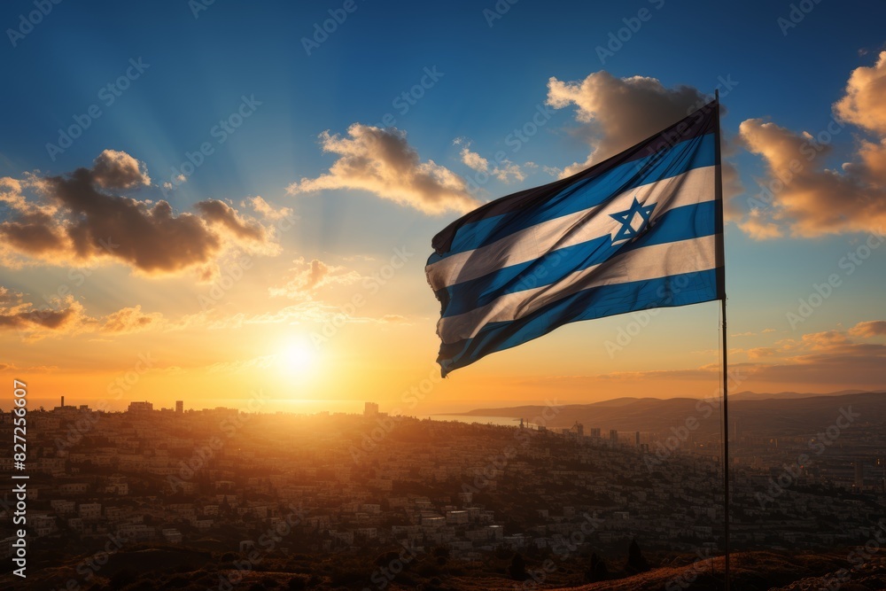 Israeli flag glowing in the beauty of a majestic sunrise, symbol of ...