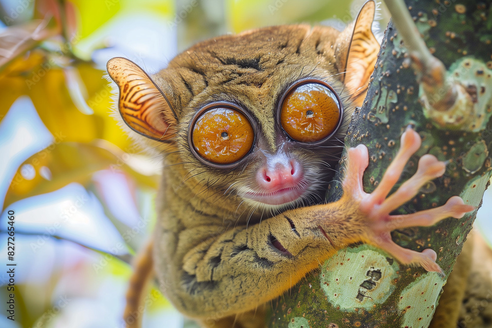 macro image of a tarsier, its large eyes gleaming with curiosity as it ...