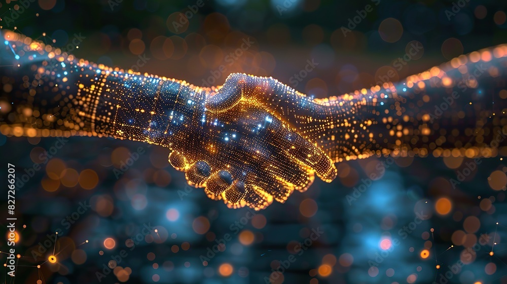 An illustration of a handshake with digital binary code, symbolizing tech collaborations. Stock ...