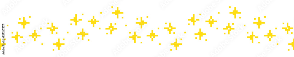 Pixel sparkling golden stars seamless border. 90s 8 bit game style glitter graphic element for ...