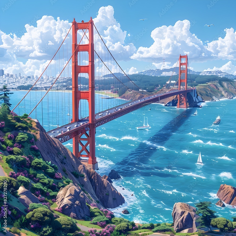 Vibrant D Isometric Drawing of the Golden Gate Bridge Amidst the ...