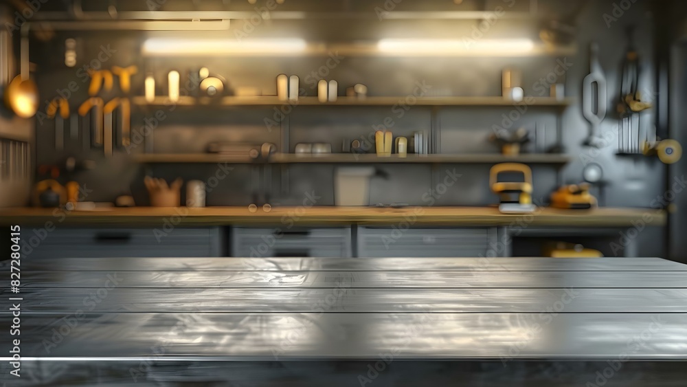 Blurry garage background with empty metal workshop desk for crafting in ...