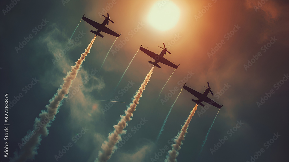 Aircraft fighter jets smoke the background of blue sky white clouds ...