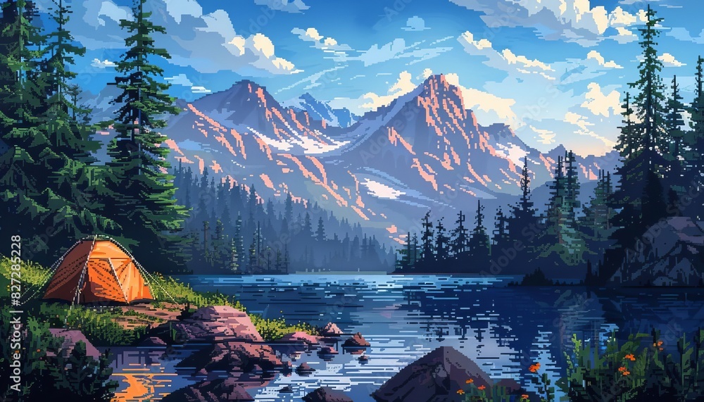 Illustrate the rugged beauty of wilderness camping using a Pixel Art ...