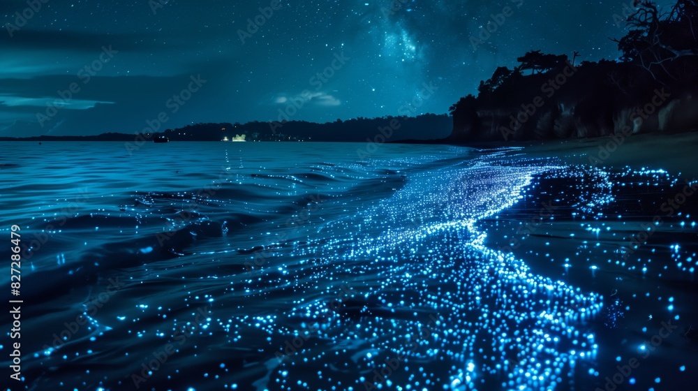 Bioluminescent plankton illuminate the night sea, casting an ethereal ...