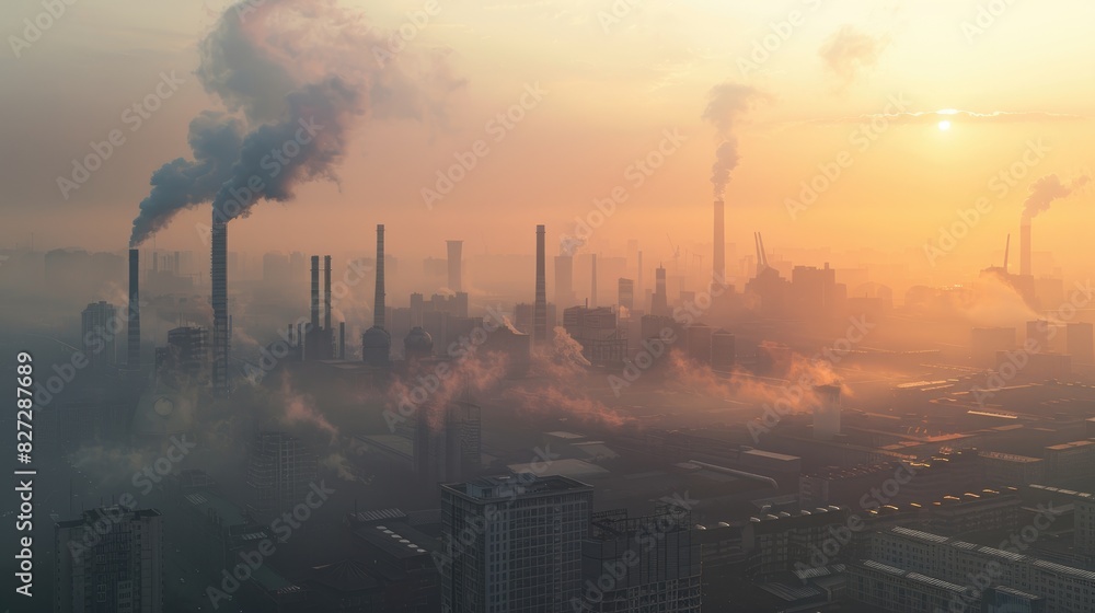 An industrial city skyline with thick smog and polluted air, showing ...