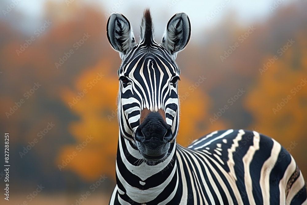 A zebra standing in the African savanna, displaying its black and white ...