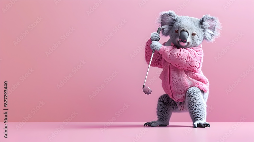 Koala Bear in Golf Wear Playfully Swings Club on Vivid Pastel Backdrop ...