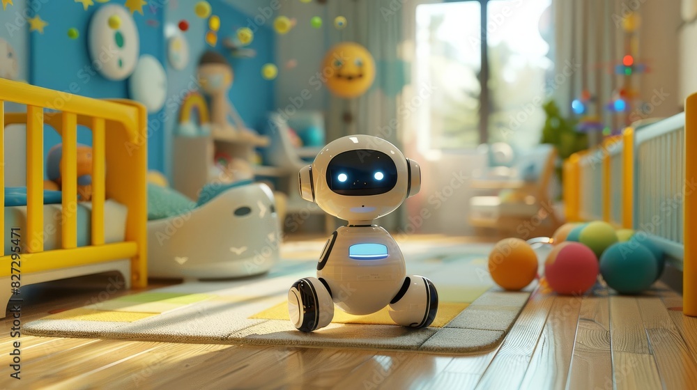 Baby care robot in a daycare setting, navigating smoothly between cribs ...