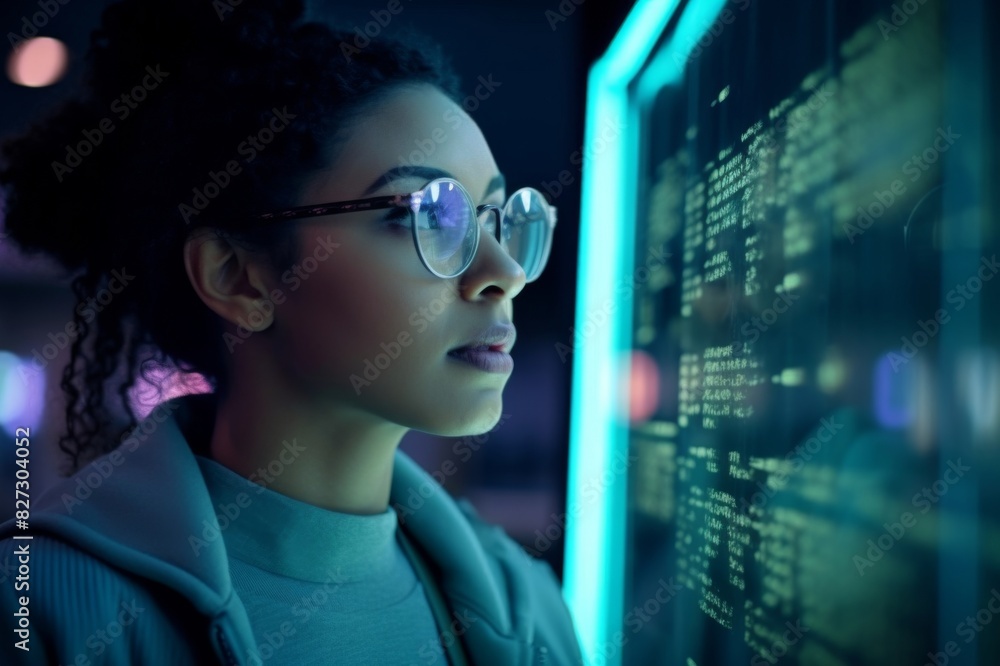 IT, programmer and coding by a woman in office at night, inspired ...