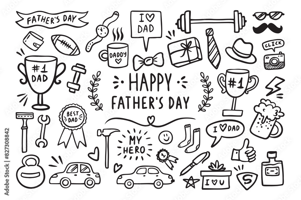 Happy Father's day doodle hand drawn elements. Fathers day comic family ...