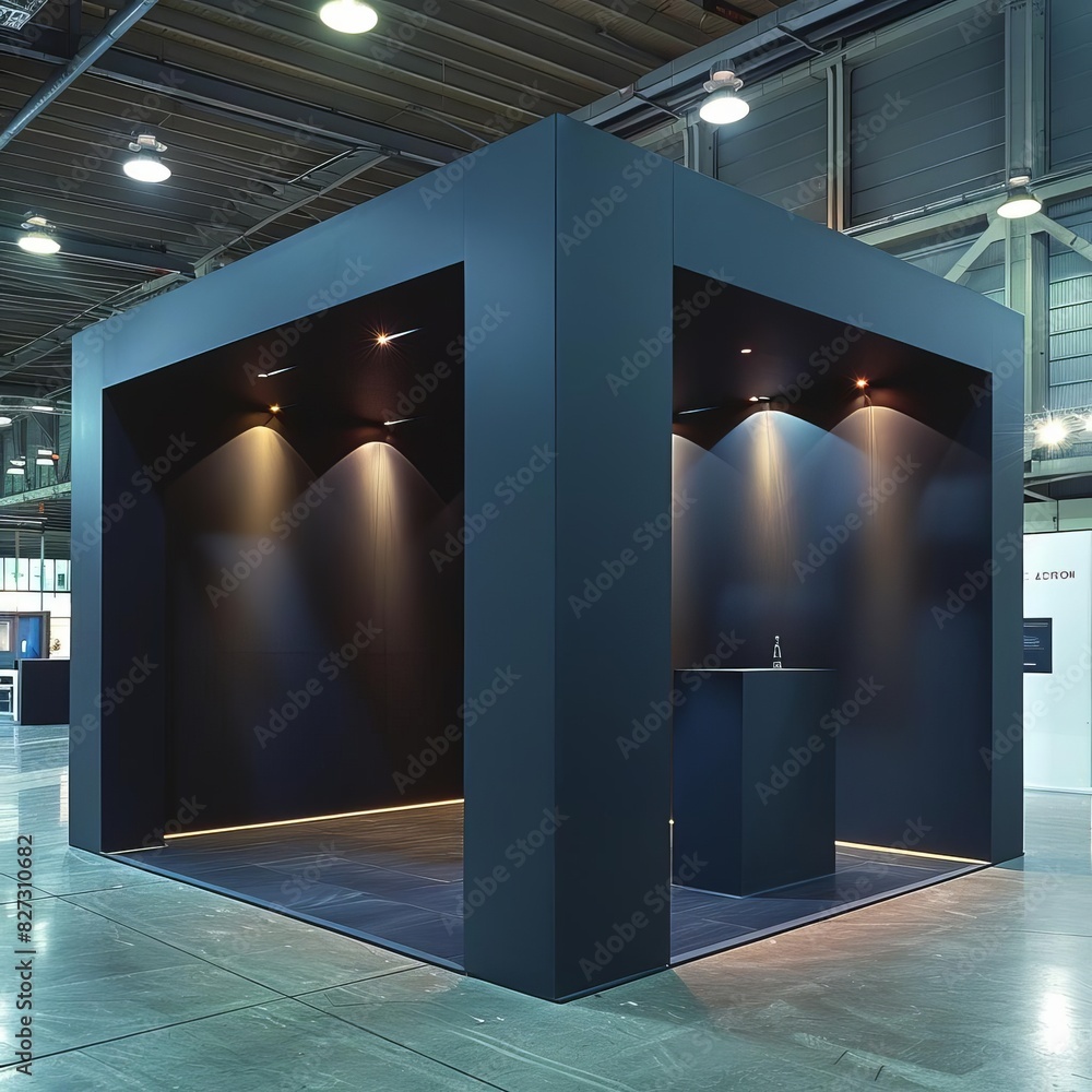 crea un stand de 2x2 metros de ancho por alto de color azul oscuro ...