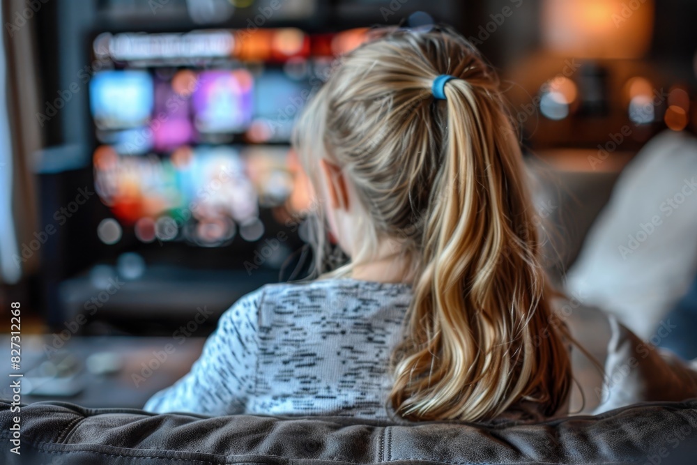 Woman on sofa watching tv, back view angle in cozy living room for ...