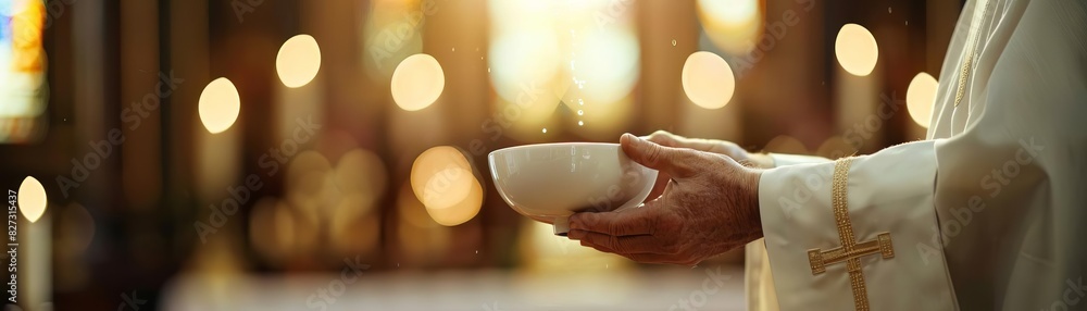 Christian Communion Focus on a priest giving communion with a church ...