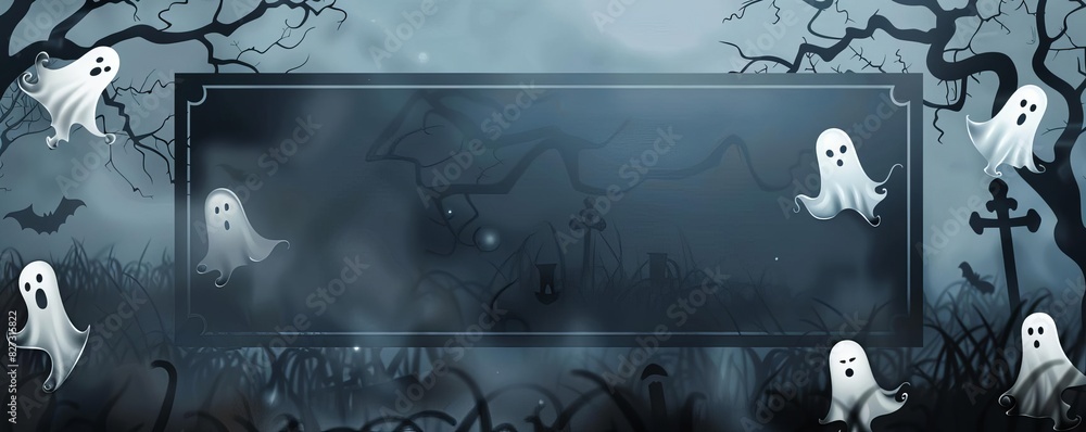 Halloween Spooky Template A rectangular black frame with white ghost ...