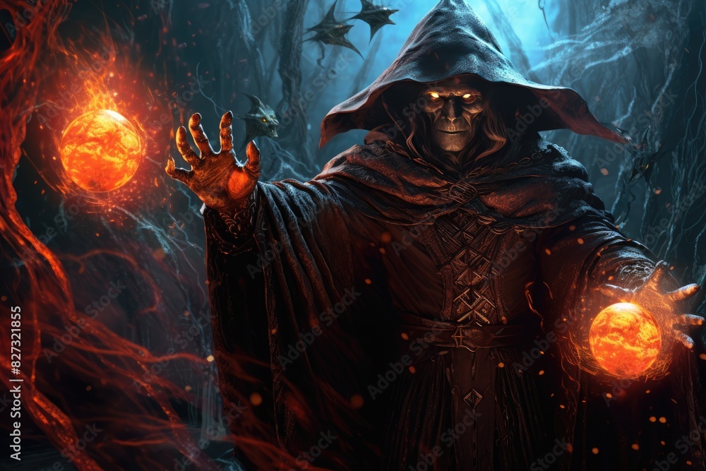 evil sorcerer casting a spell to release the black insects from his ...