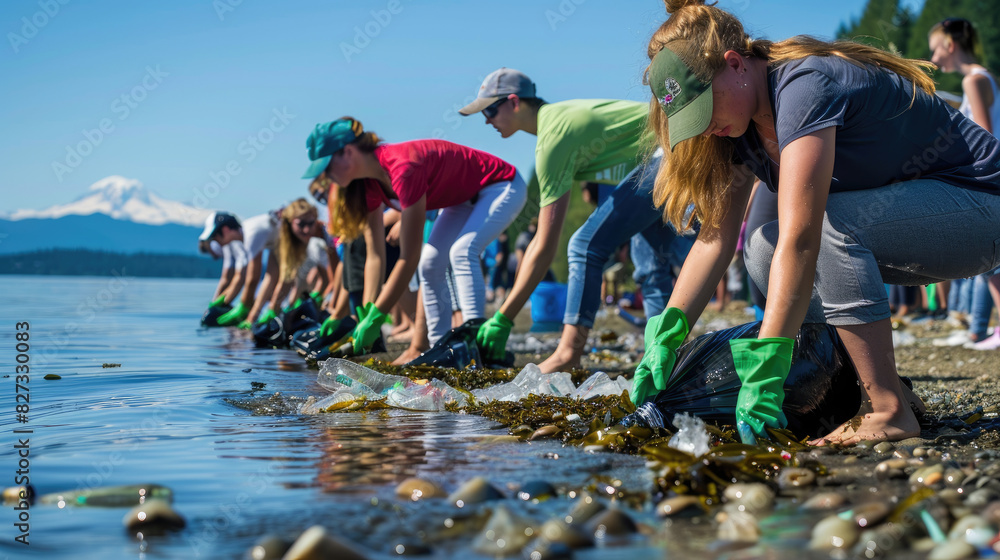 there is an outdoor scene of people cleaning up an ocean shore with ...