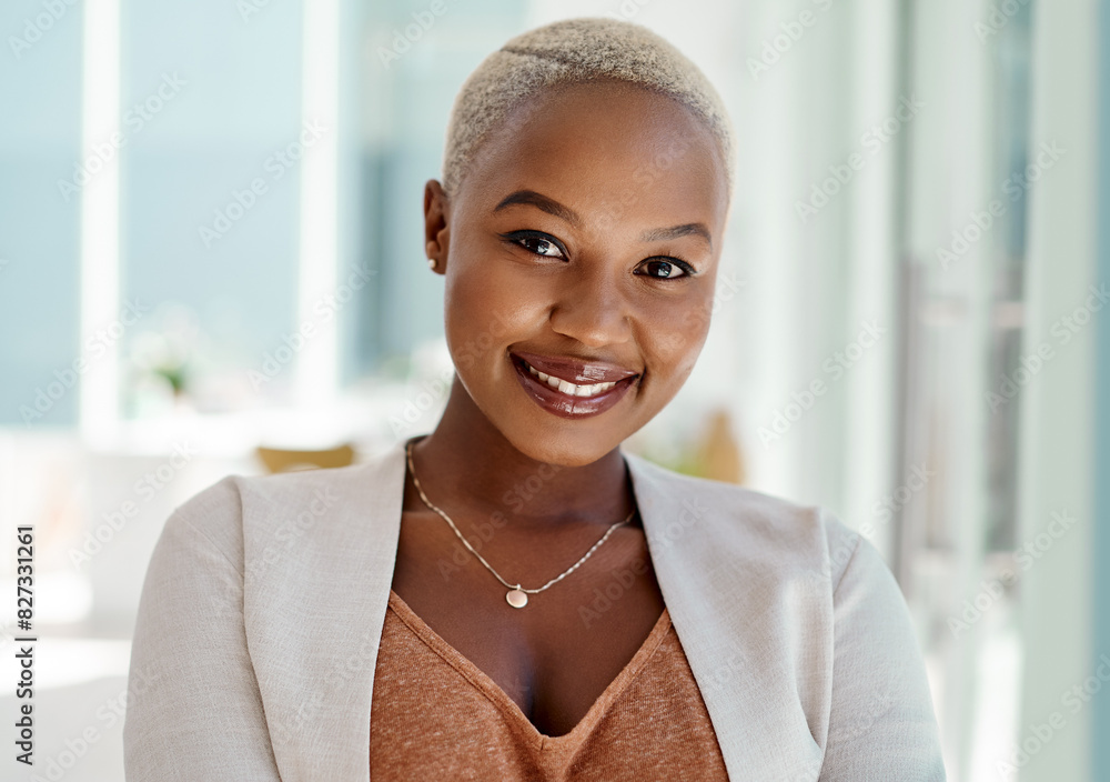 Portrait, female professional or smile in office for success, profile ...