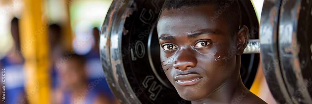 Intense close up weightlifter s strained expression in heavy lift at ...