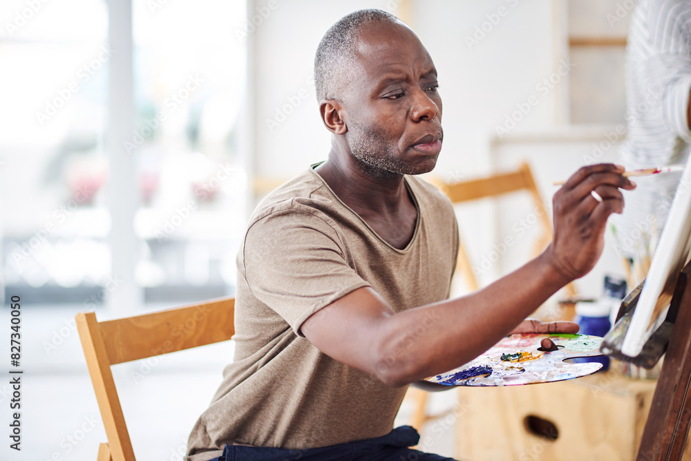 Artist, palette and painting in studio as creative for art, inspiration ...
