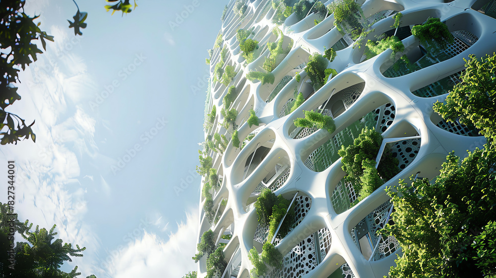 tall building covered in plants and trees, with a blue sky and white ...