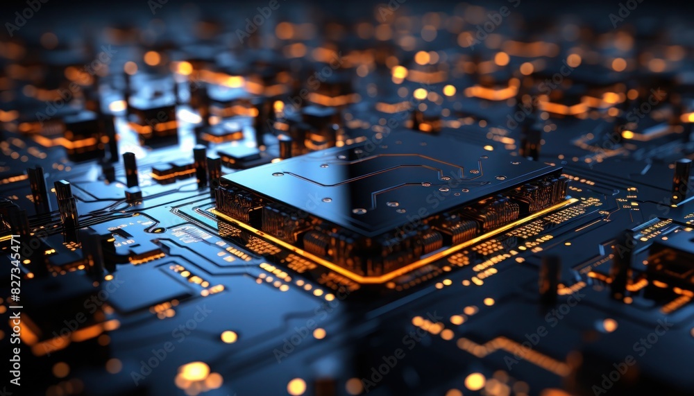 High-tech circuit board glowing with an array of integrated circuits ...