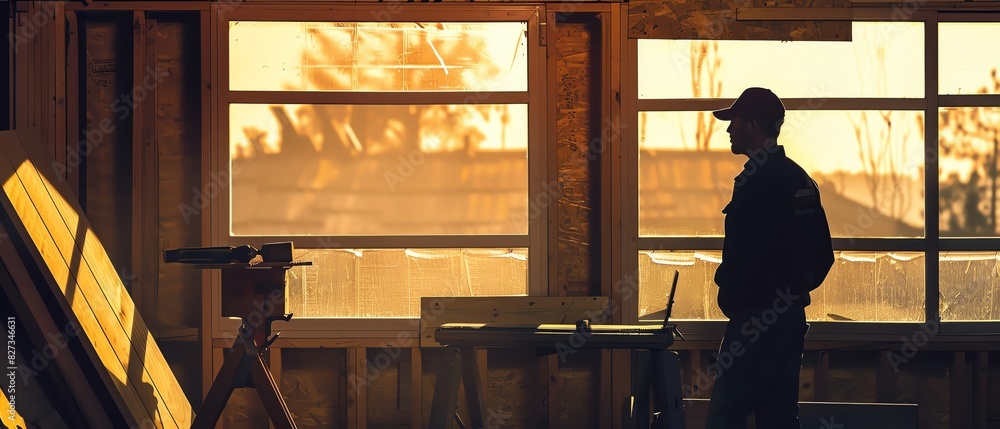 A carpenters silhouette with a midrange view background showcasing ...