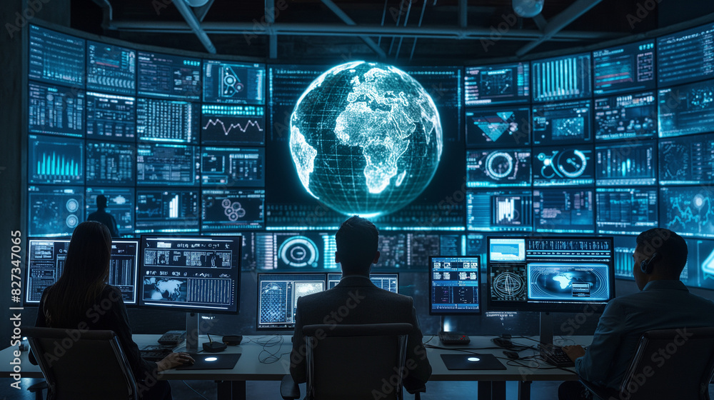 High Tech Cybersecurity Control Room With Focused Experts Monitoring Screens In Real Time Cool