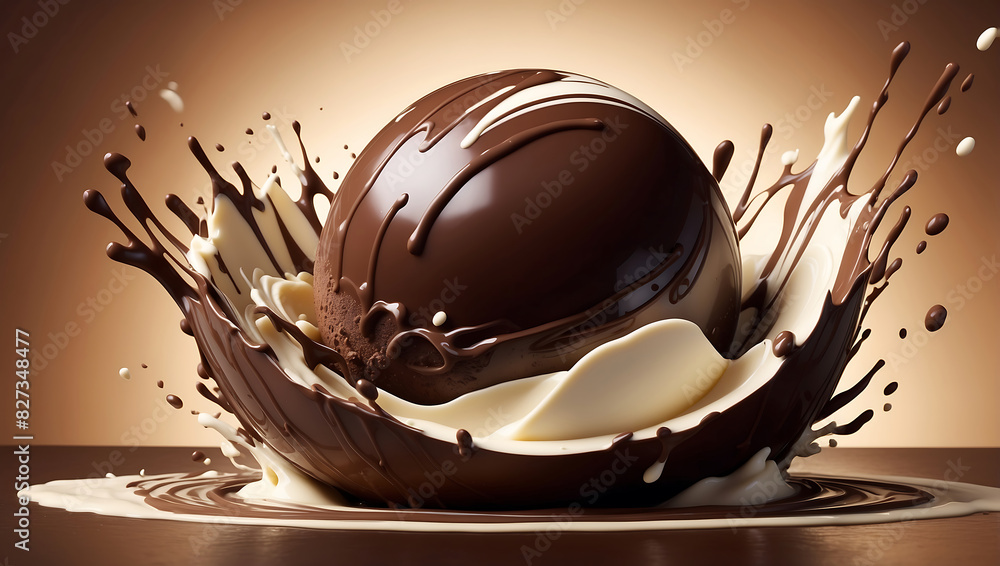 Small balls of white, dark, and milk chocolate float around the sphere ...