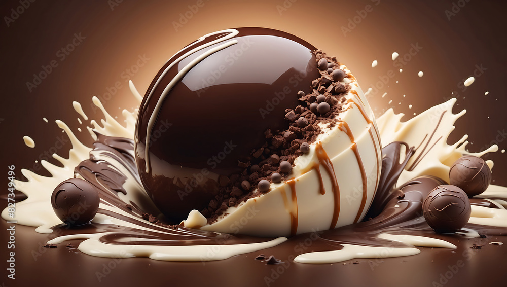 Small balls of white, dark, and milk chocolate float around the sphere ...