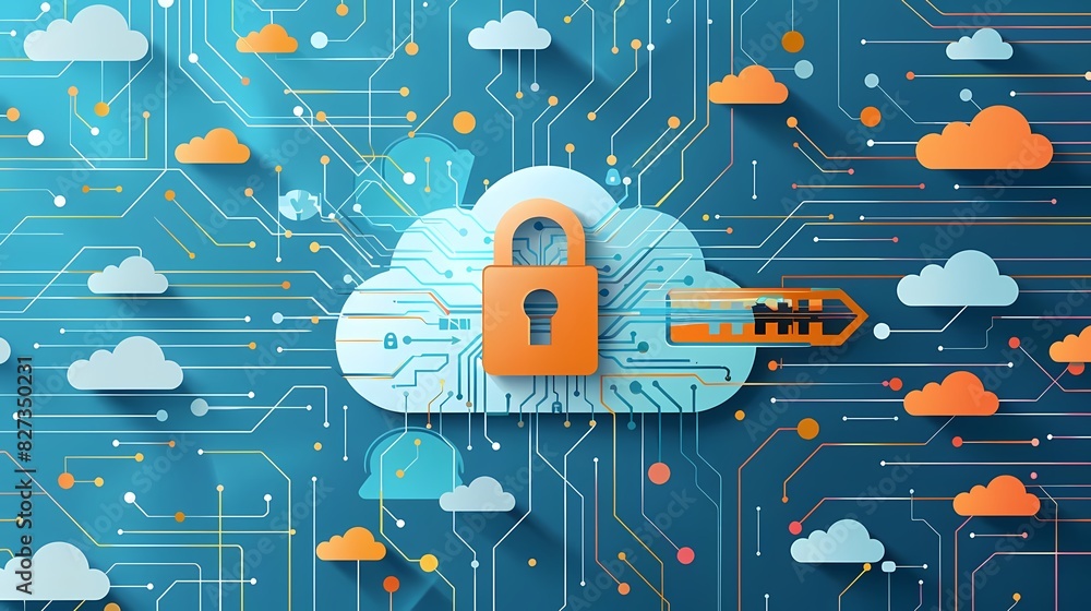 Picture a flat design of a lock and key symbol over a cloud network ...